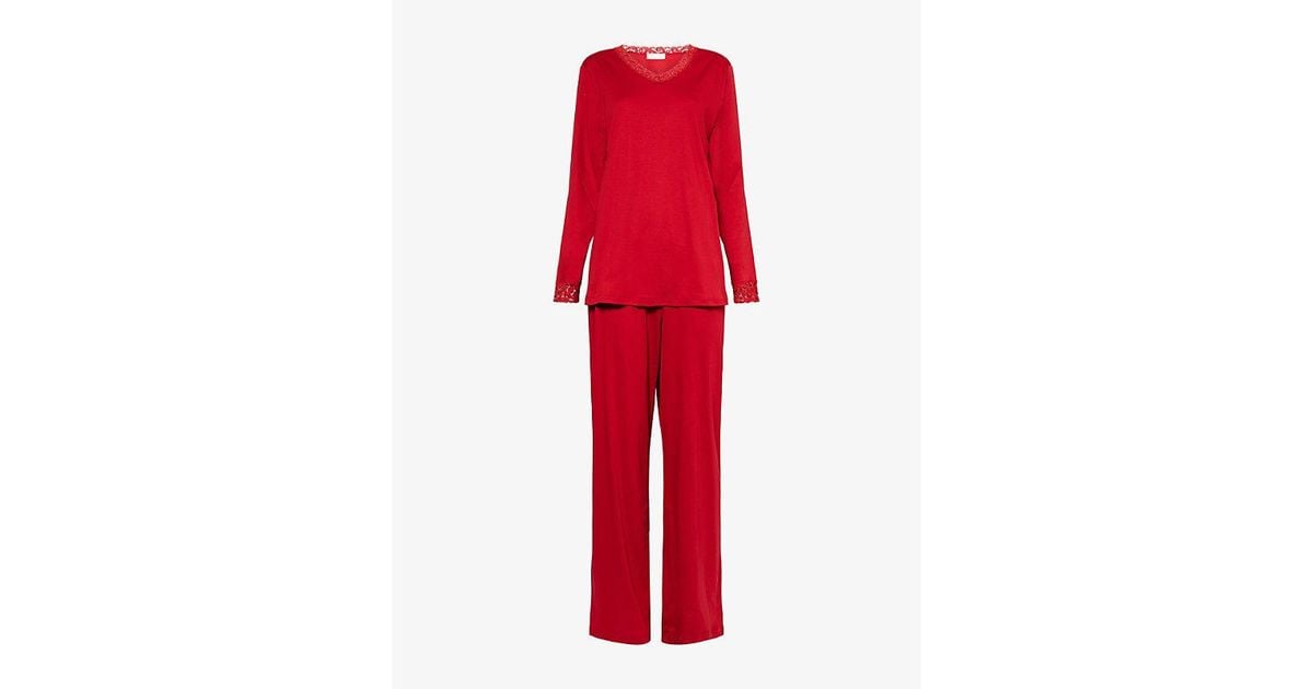 Hanro Moments Lace-Trimmed Cotton Pyjama Set in Red | Lyst UK