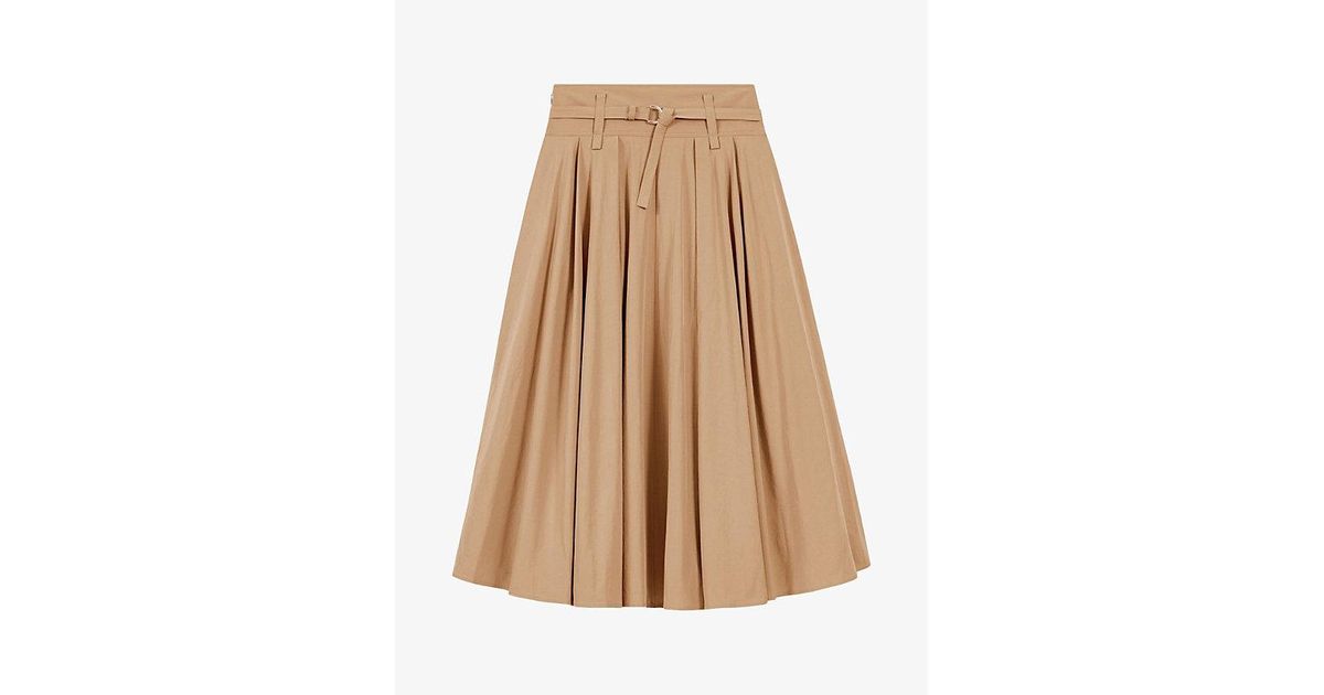 Maje Belted-Waist High-Rise Cotton-Blend Midi Skirt in Natural | Lyst