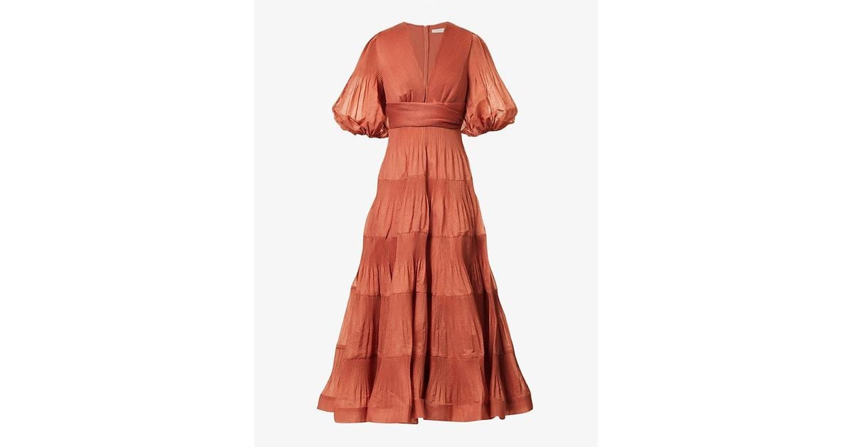 Zimmermann Pleated Tiered Woven Maxi Dres in Orange | Lyst