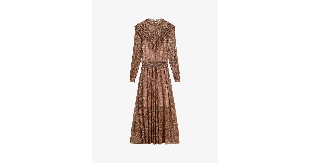 Ted Baker Debbix Floral Print Metallic Woven Midi Dress In Brown Lyst