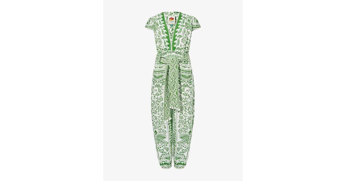 FARM Rio River Ride Belted Linen-Blend Jumpsuit in Green | Lyst