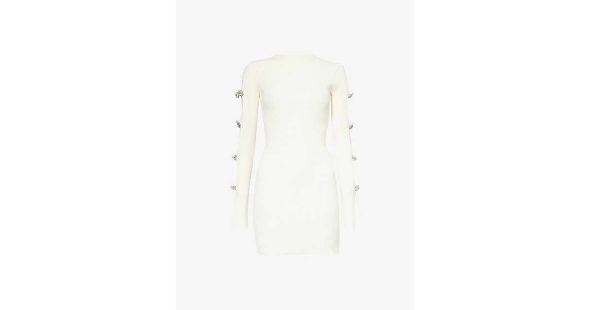 Mach & Mach Bow-Embellished Ribbed-Knit Mini Dress in White | Lyst