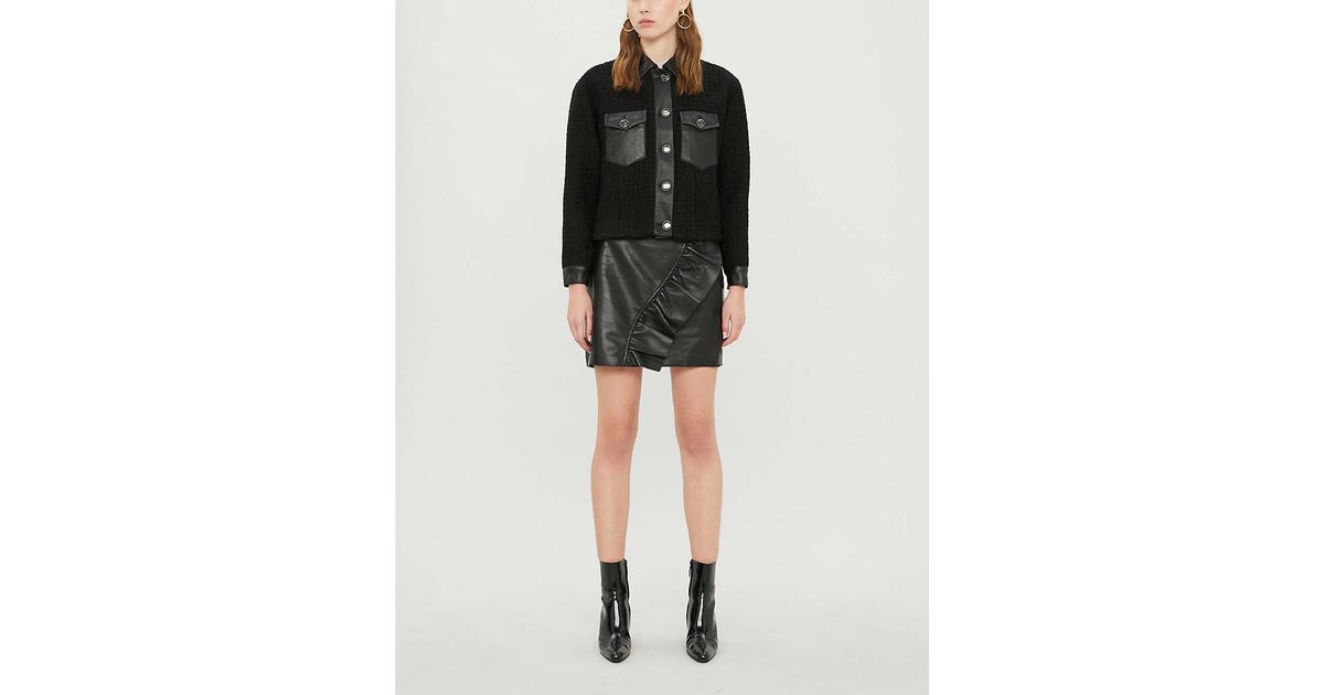 Sandro Cropped Leather-trim Boucle Jacket in Black | Lyst