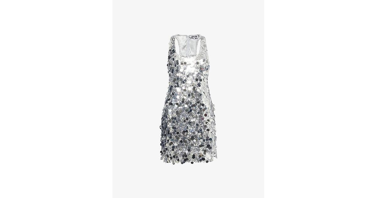 Amy Lynn Sequin Scoop-Neckline Woven Mini Dress in White | Lyst