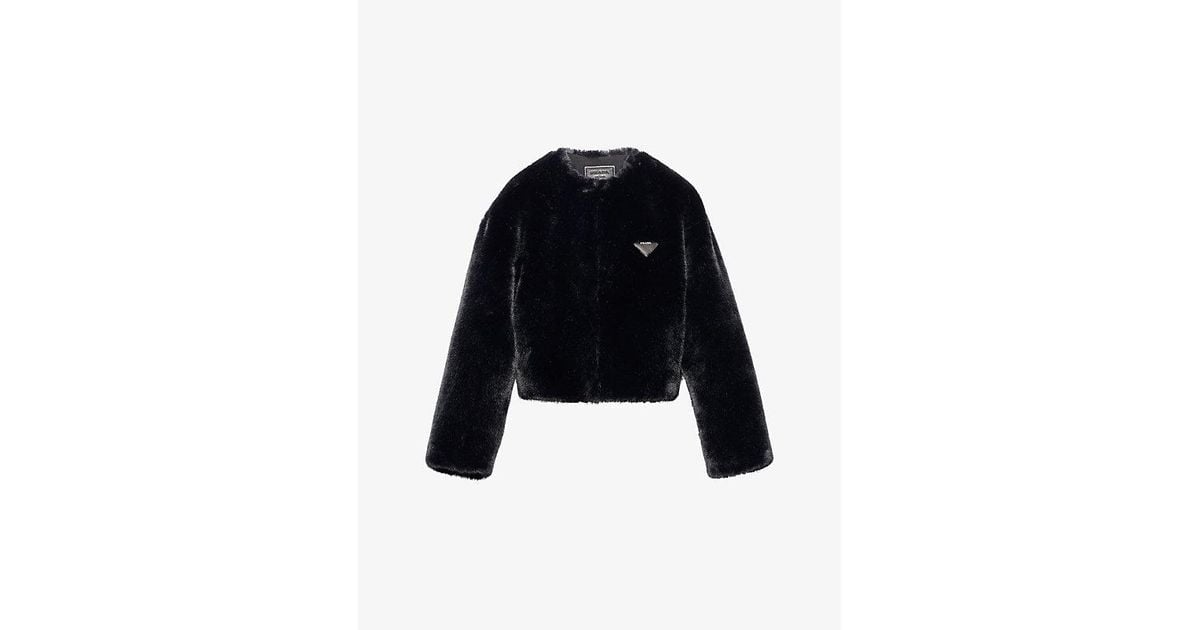 Prada Aspen Triangle-Logo Cropped Faux-Fur Jacket in Black | Lyst