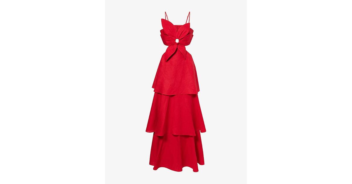 FARM Rio Flower-Appliqué Ruffled Linen-Blend Maxi Dress in Red | Lyst