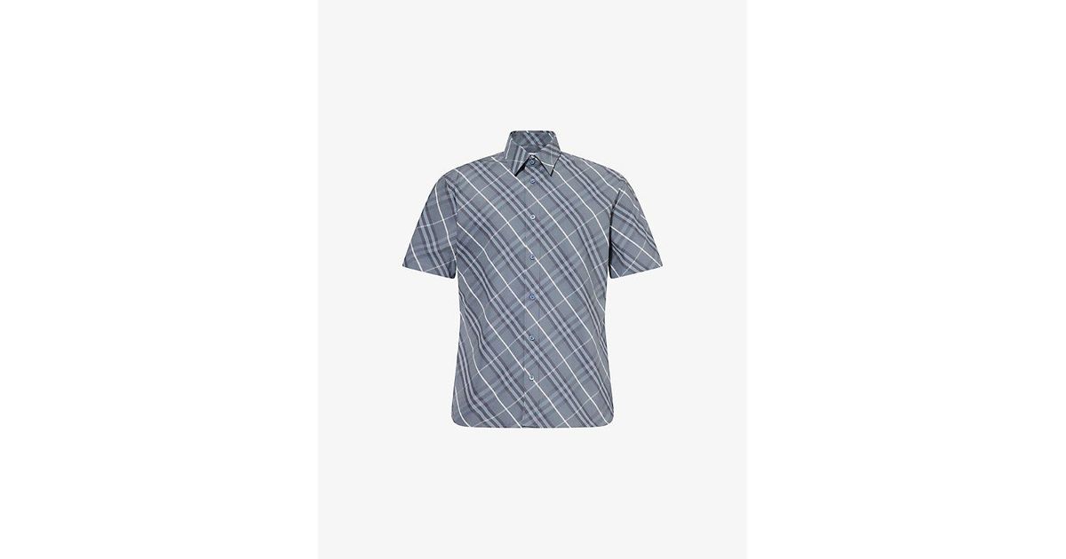 Burberry Check-Pattern Short-Sleeve Cotton Shirt in Blue for Men | Lyst