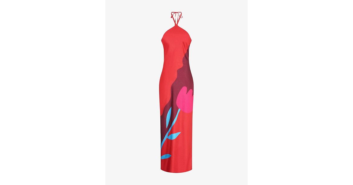 OMNES Andy Halterneck Satin Maxi Dress in Red | Lyst