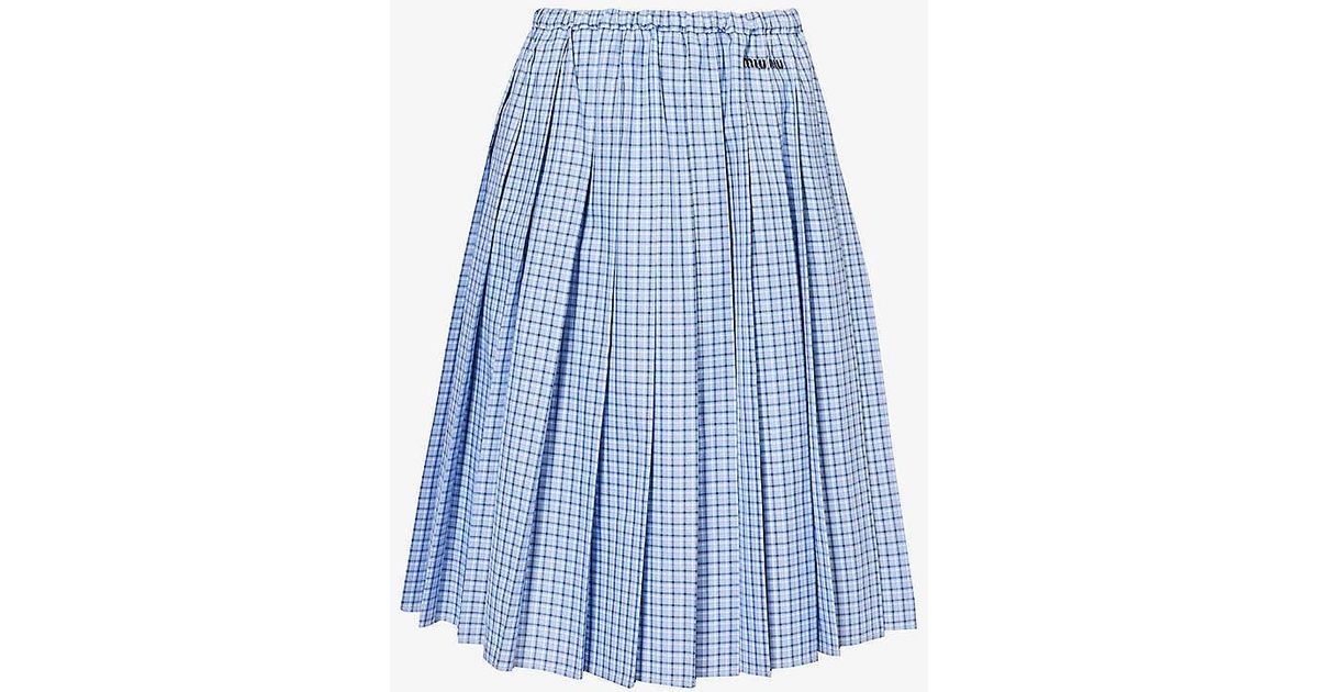 Miu Miu Miu Pleated Check-print Cotton-poplin Midi Skirt in Blue | Lyst UK