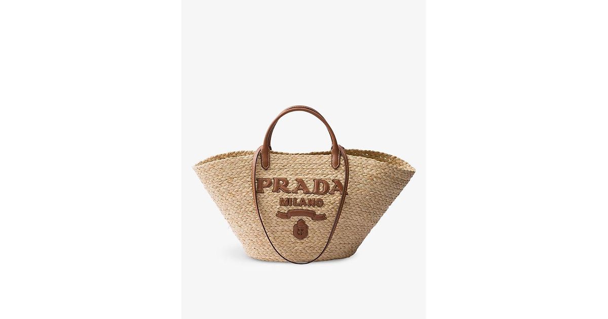 Prada Logo-Embossed Large Raffia And Leather Tote in Brown | Lyst