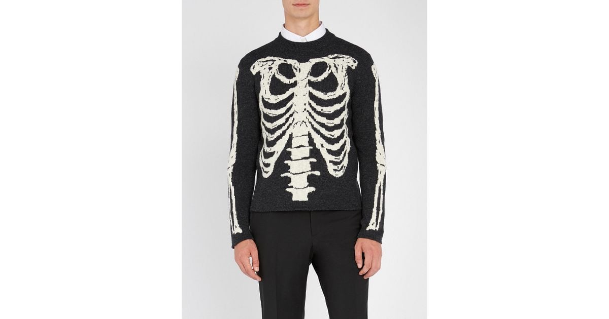 Saint Laurent Skeleton-intarsia Wool Jumper in Black for Men Saint Laurent Skeleton-intarsia Wool Jumper in Black for Men