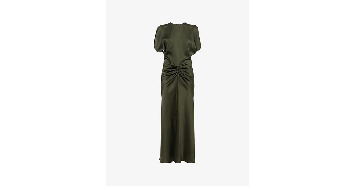 Victoria Beckham Gathered Slim-Fit Woven Midi Dress in Green | Lyst