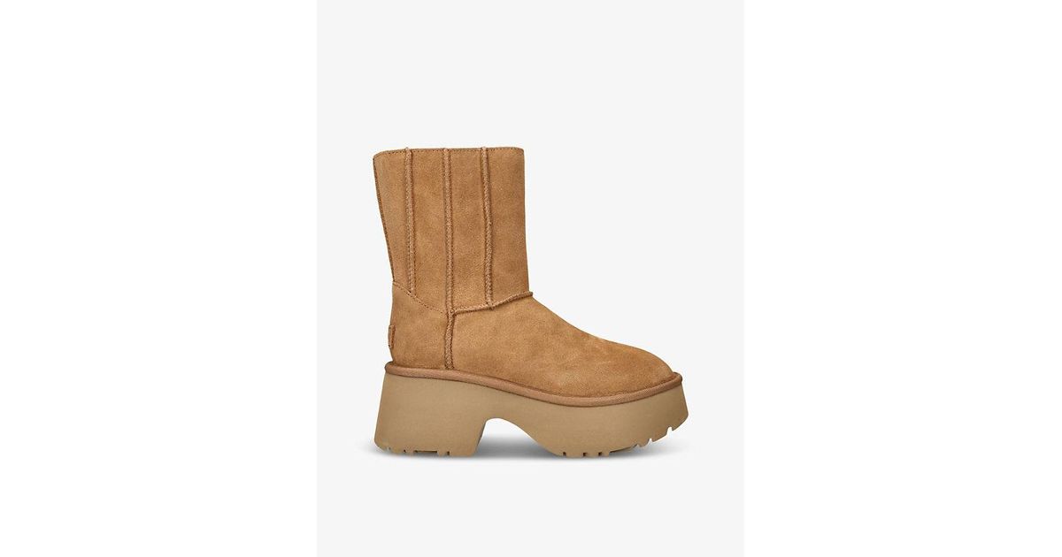 UGG Classic New Heights Suede And Shearling Heeled Ankle Boots in Brown ...