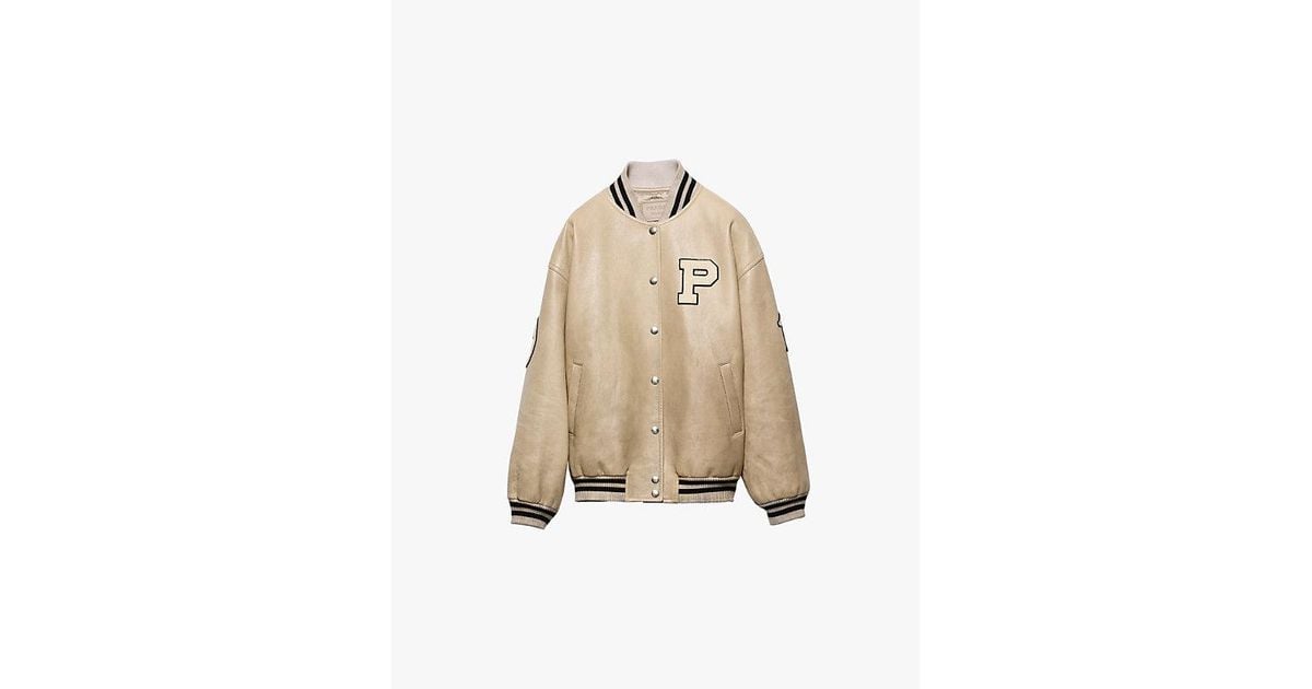 Prada Patch-Motif Relaxed-Fit Leather Bomber Jacket in Natural | Lyst