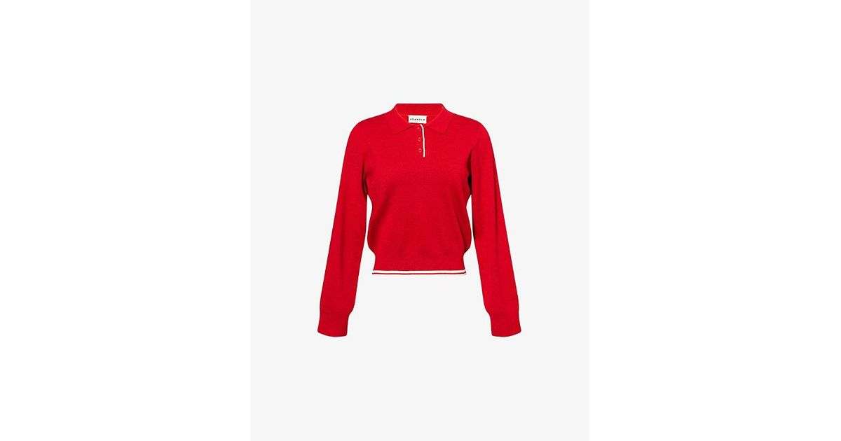 ADANOLA Collar Button-Up Cropped Knit Sweatshirt in Red | Lyst UK