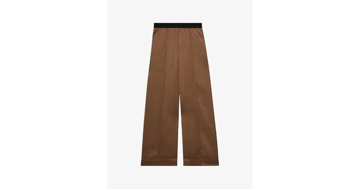 Reiss Elsie Elasticated-Waist Wide-Leg Satin Trousers in Brown | Lyst