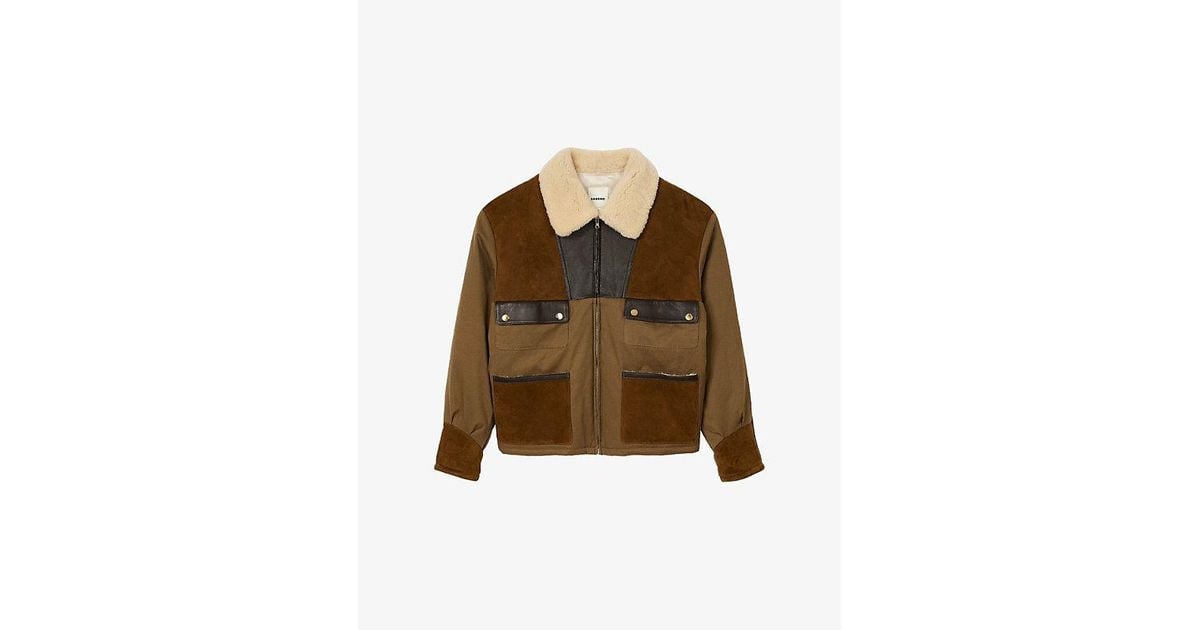 Sandro Contrast-Panel Shearling-Collar Cotton And Leather Jacket in Brown | Lyst