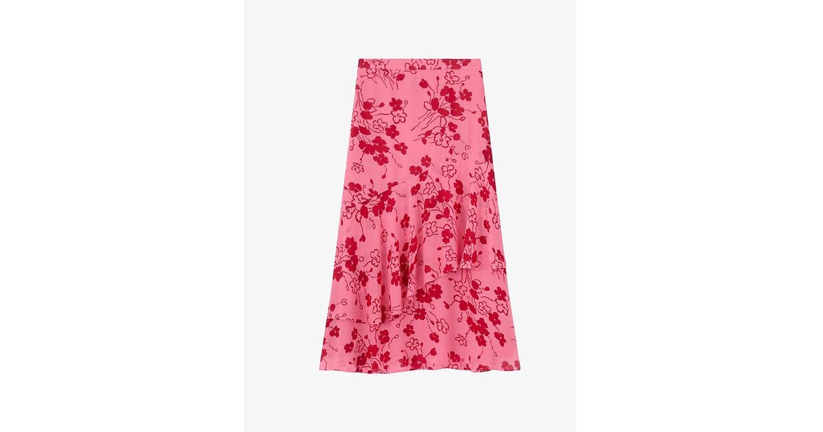 LK Bennett Rhoda Floral-Print Tiered Midi Skirt in Pink | Lyst