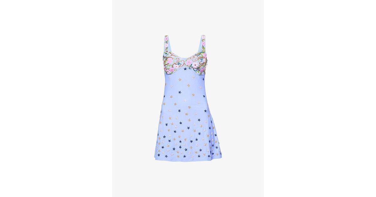 Oceanus Midnight Star Beaded Mesh Mini Dress in Blue | Lyst UK