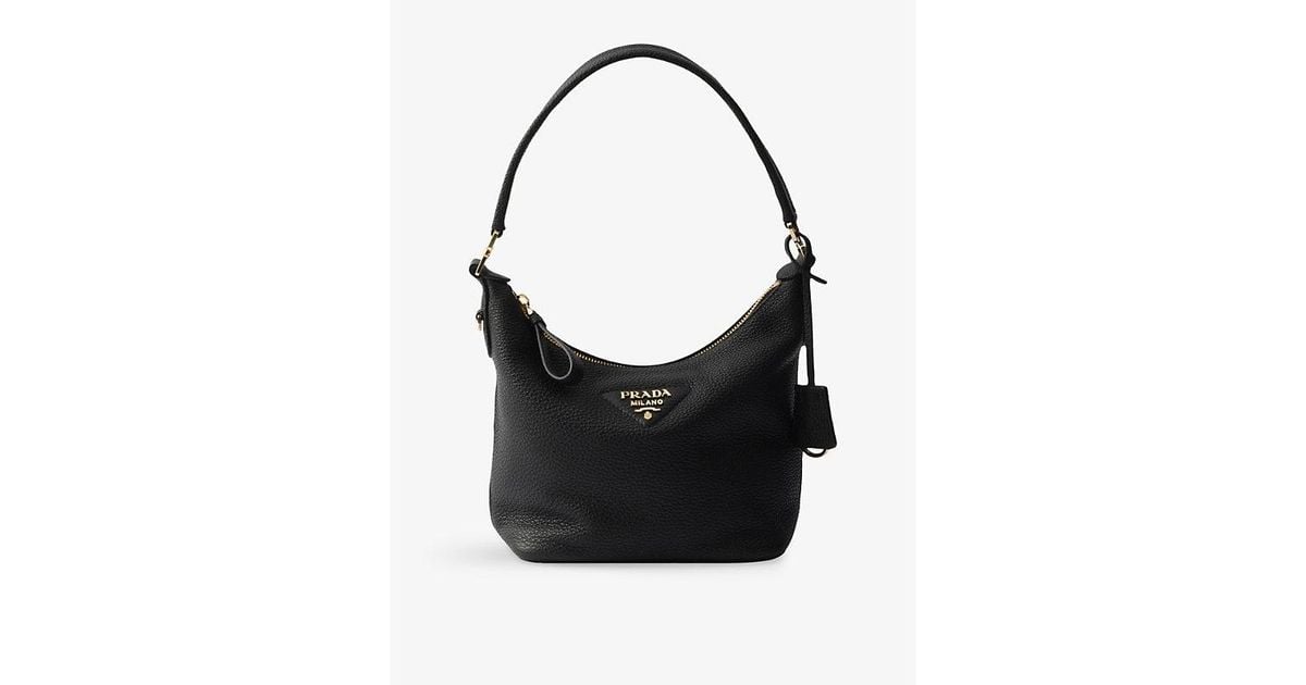 Prada Logo-Embroidered Mini Leather Shoulder Bag in Black | Lyst UK