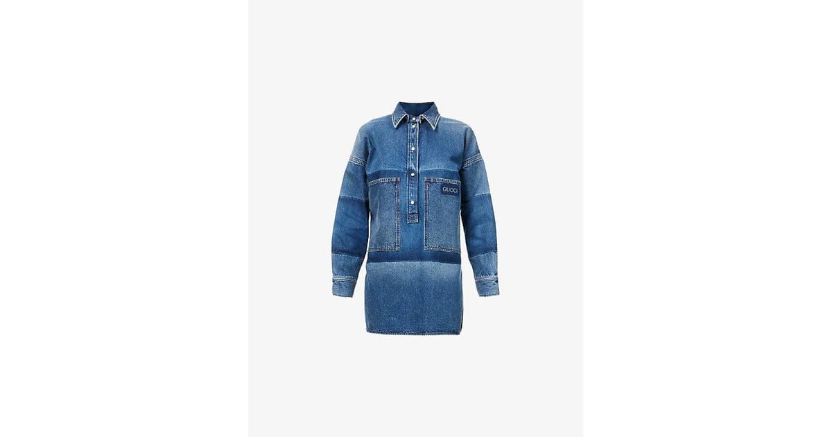 Gucci Lasered Brand-Logo Washed Denim Mini Dress in Blue | Lyst UK