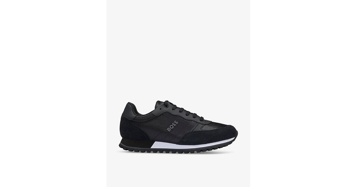 BOSS Logo-Emed Mesh And Suede Low-Top Trainers in Black for Men | Lyst