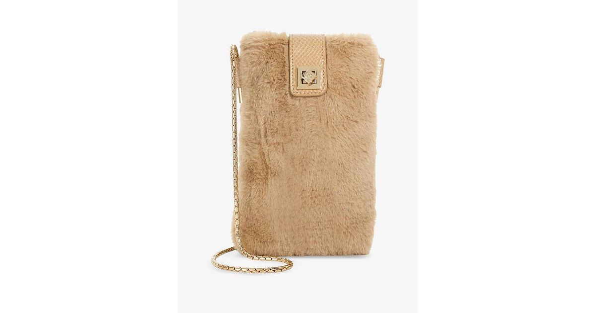 Dune Snug Faux-Fur Phone Cross-Body Bag in Natural | Lyst
