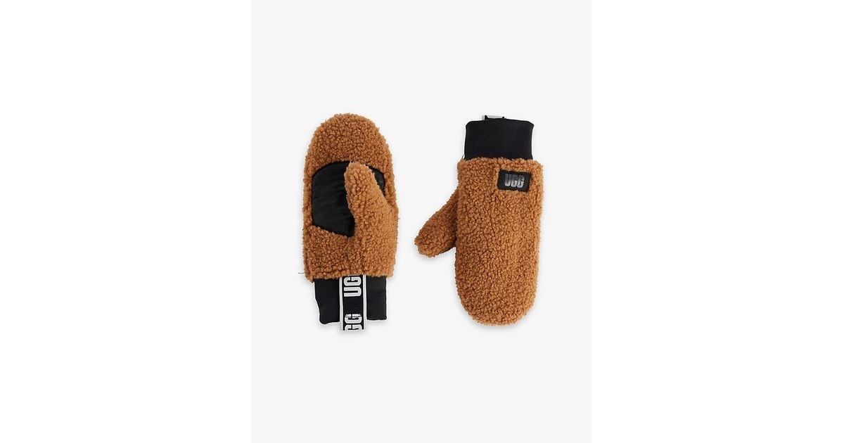 UGG Logo-Tape Borg Mittens in Brown | Lyst