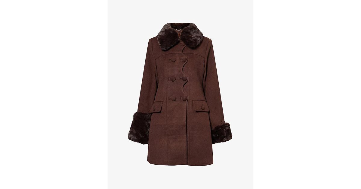 House Of Sunny The Dolly Faux-Fur-Trims Woven Coat in Brown | Lyst