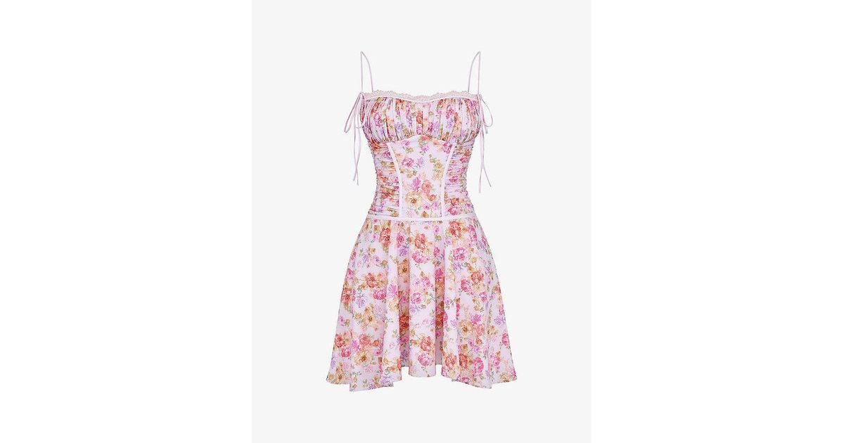 House Of Cb Alejandra Floral-Print Lace-Trim Woven Mini Dress in Pink ...