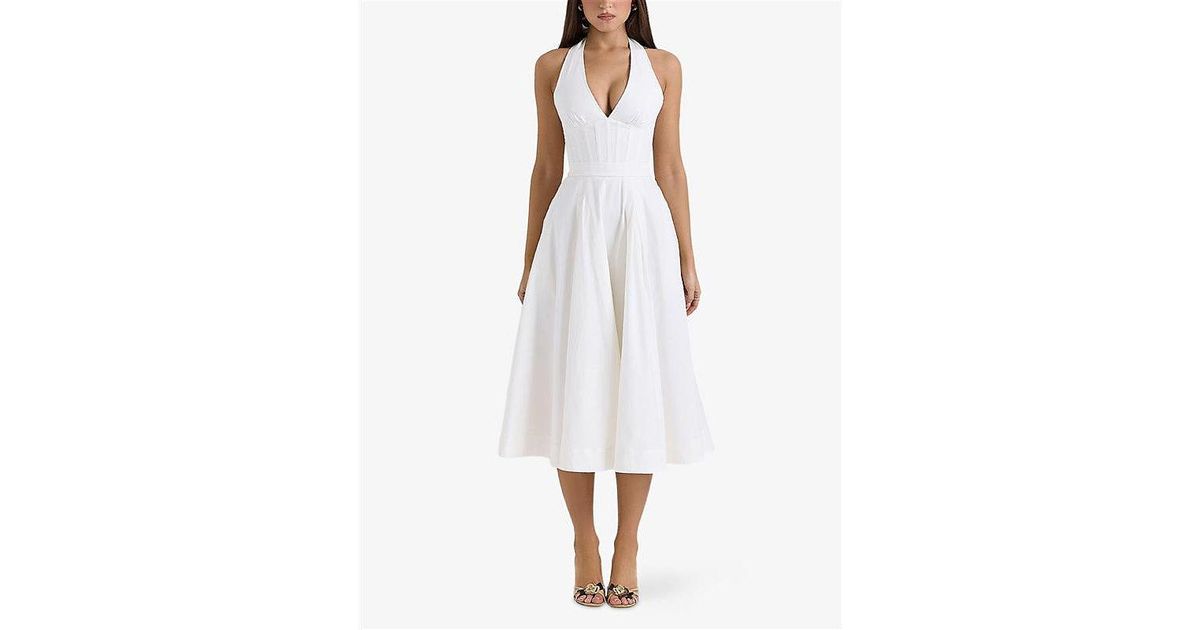 House Of Cb Allena Corset-Bodice Stretch-Cotton Midi Dress in White | Lyst