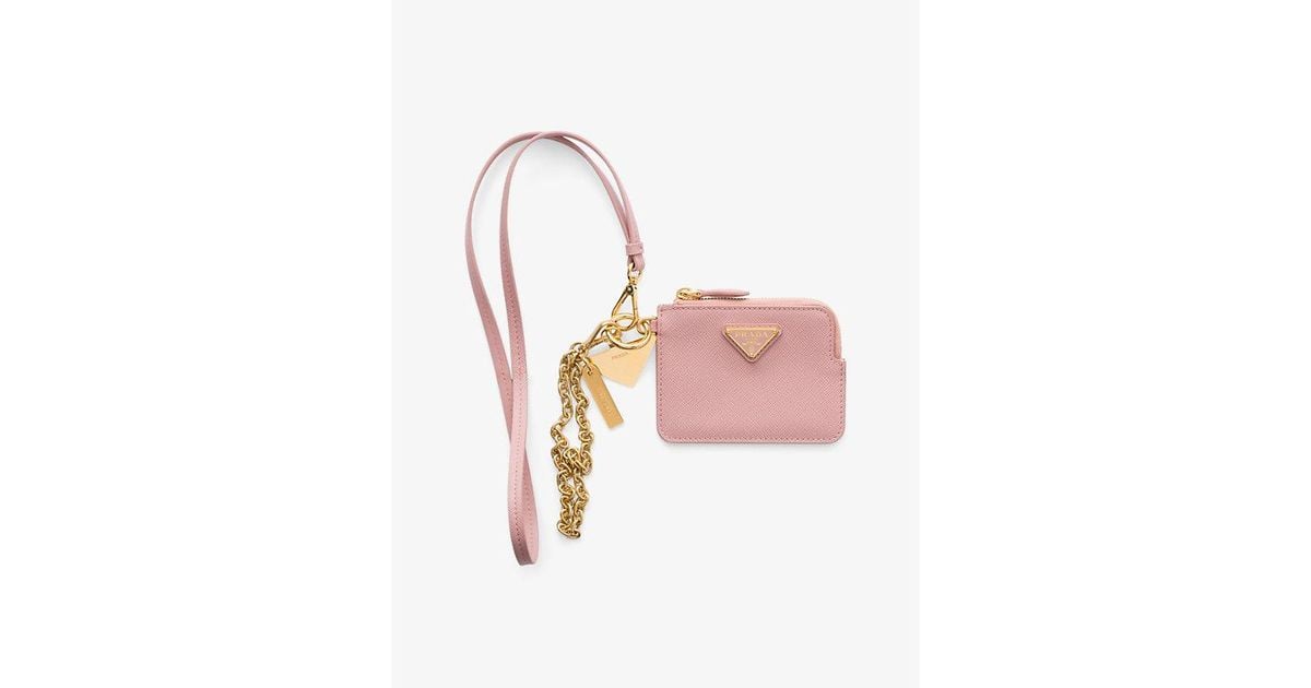 Prada Shoulder Strap Saffiano Leather Card Holder in Pink | Lyst UK
