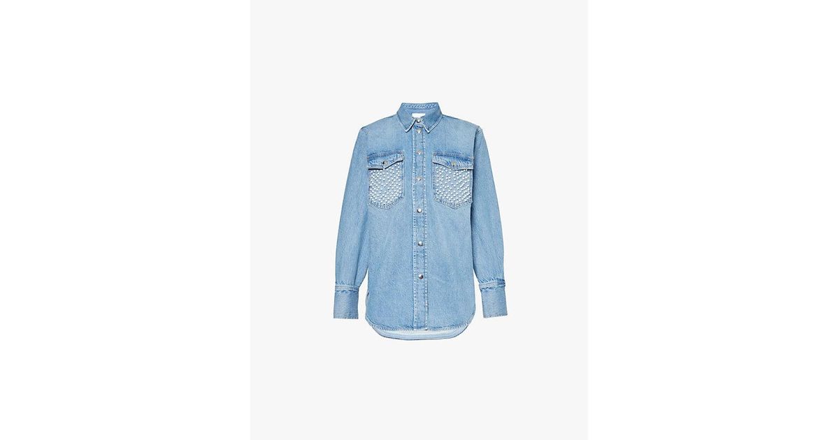 FRAME Atelier Pearl-Embellished Oversized Denim Jacket in Blue | Lyst