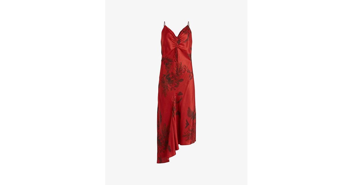 AllSaints Alexia Floral-print Silk Midi Dress in Red | Lyst