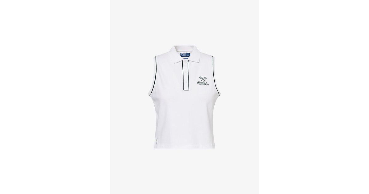 Polo Ralph Lauren X Wimbledon Logo-Embroidered Sleeveless Stretch-Knit Polo Top in White | Lyst