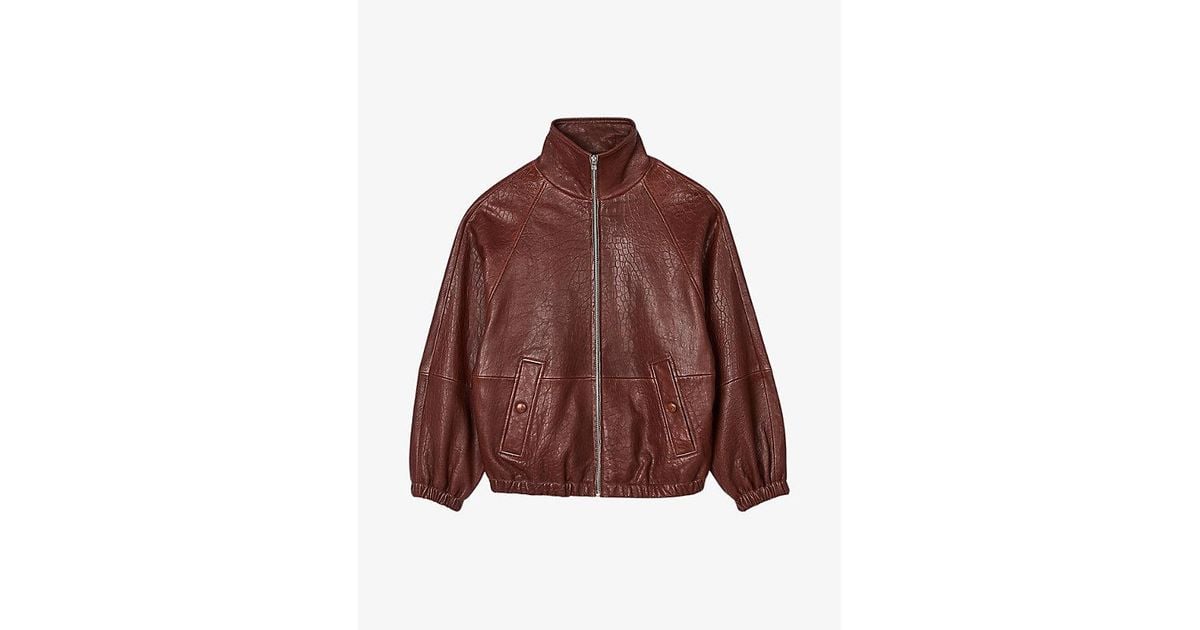 Sandro High-Neck Oversized Leather Jacket in Brown | Lyst