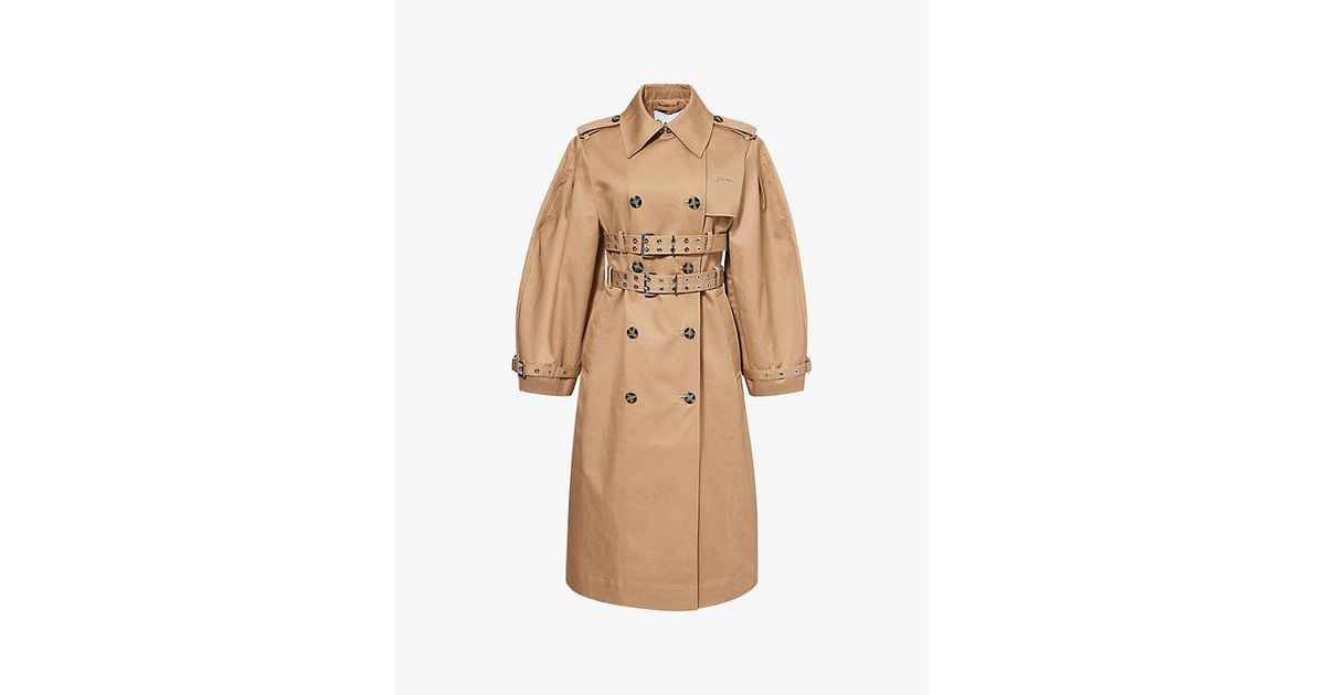 Ganni Logo-Embellished Bonded Cotton Trench Coat in Natural | Lyst