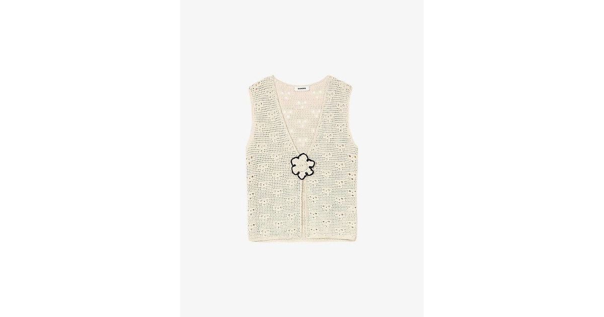 Sandro Flower-Embroidered V-Neck Sleeveless Crochet Cardigan in White ...