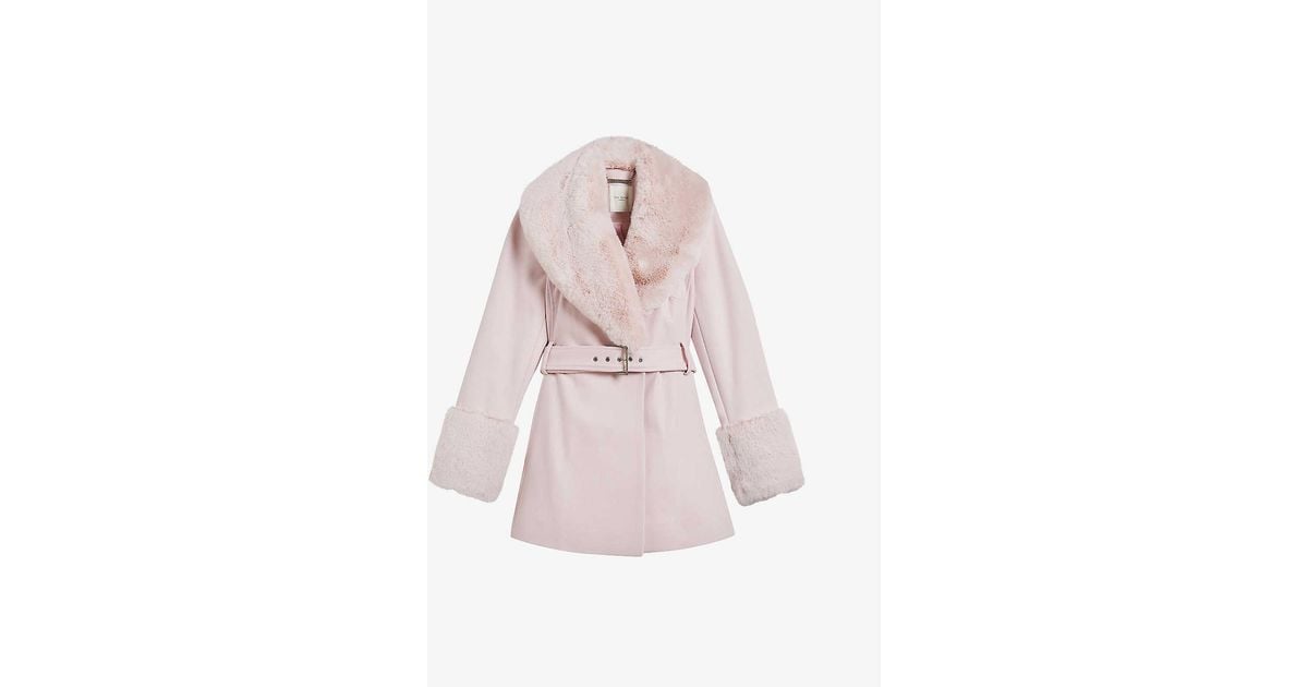 Ted Baker Loleta Faux Fur-collar Wool-blend Coat in Pink | Lyst UK