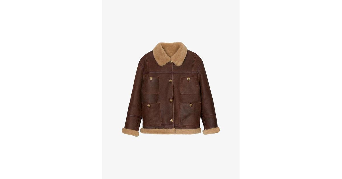 Sandro Shearling-Trim Patch-Pocket Sheepskin Jacket in Brown | Lyst