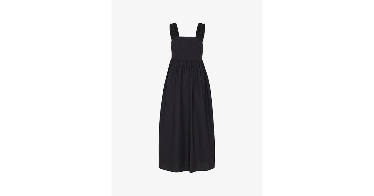 Whistles Ruffle-Strap Square-Neck Cotton Midi Dress in Black | Lyst
