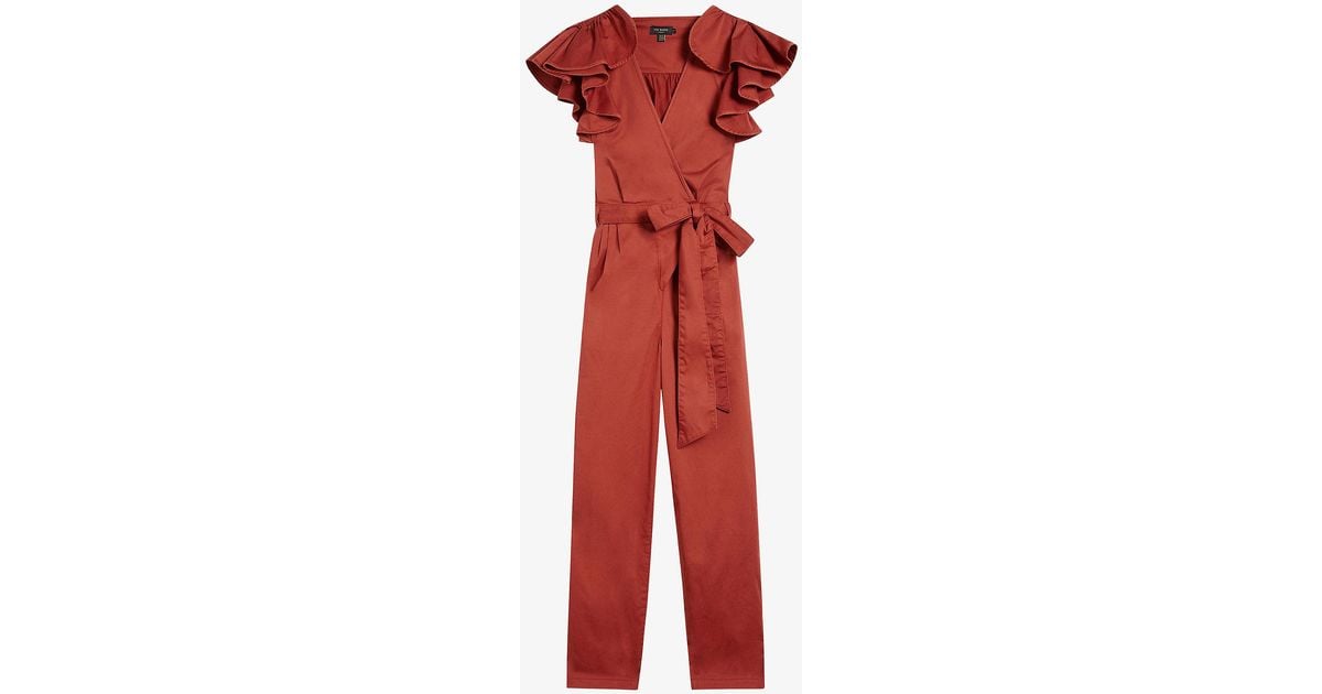 Ted Baker Karine Ruffle Stretch-cotton Jumpsuit in Brown | Lyst