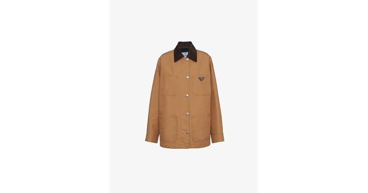 Prada Oversized Logo-Plaque Canvas Jacket in Brown | Lyst
