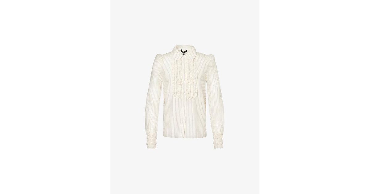 ME+EM Light Cream/ Pinstripe Ruffle-Trim Cotton-Silk Blouse in White | Lyst