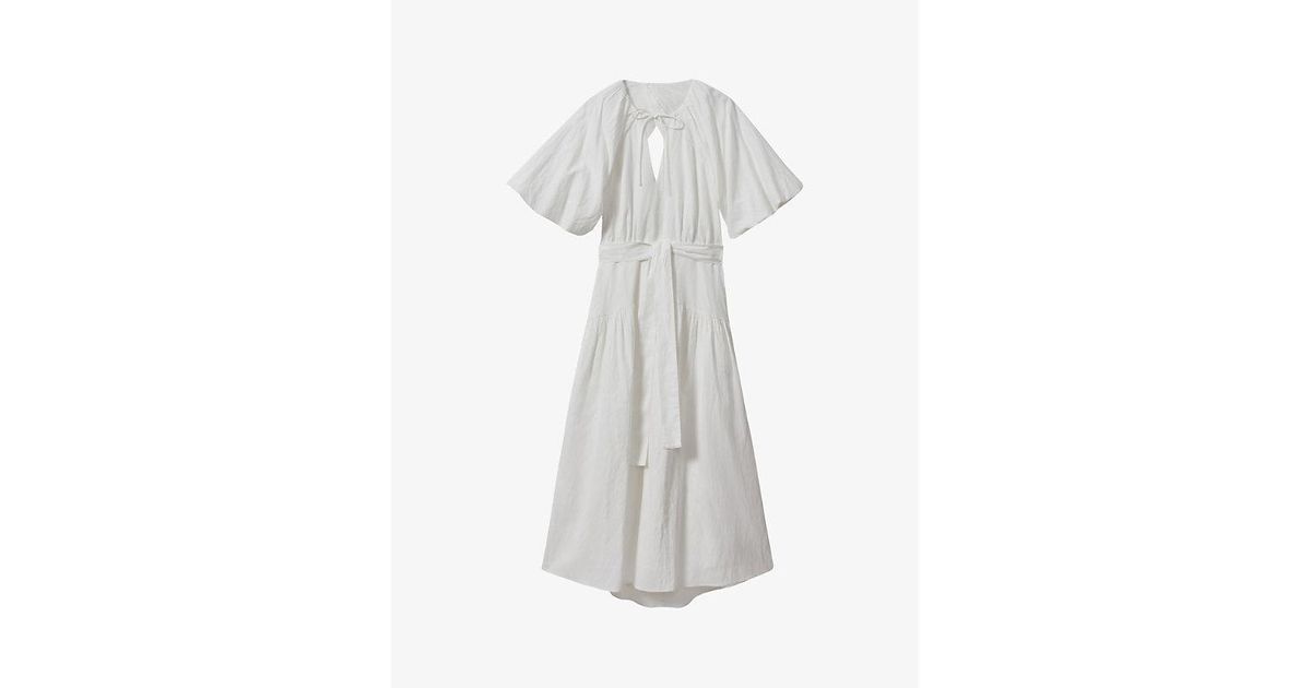 Reiss Alice Puff Sleeve Belted Waist Linen And Cotton Blend Midi Dress