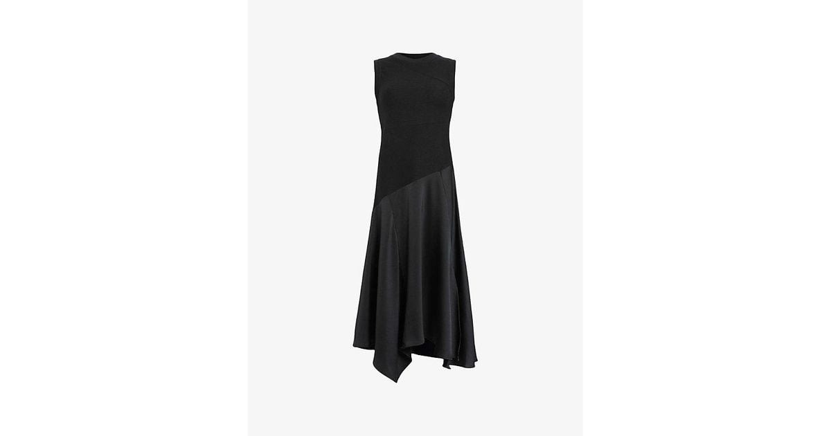 AllSaints Pia Asymmetric Satin Cotton-Jersey Midi Dress in Black | Lyst