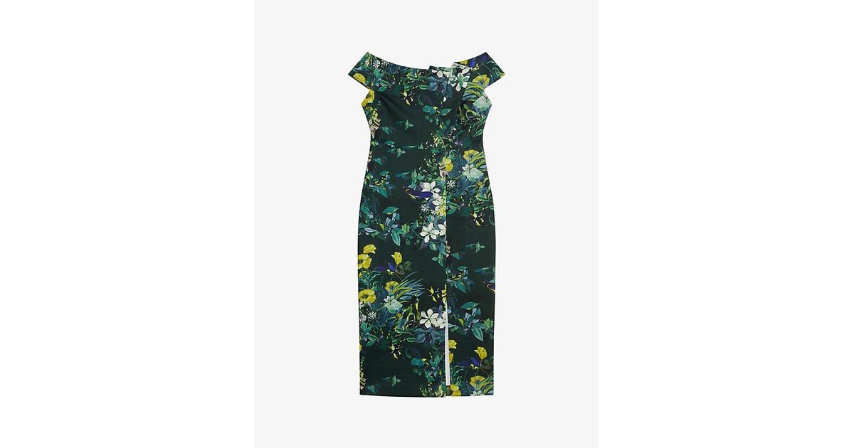 Ted Baker Divena Bardot Floral Print Stretch Woven Midi Dress In Green