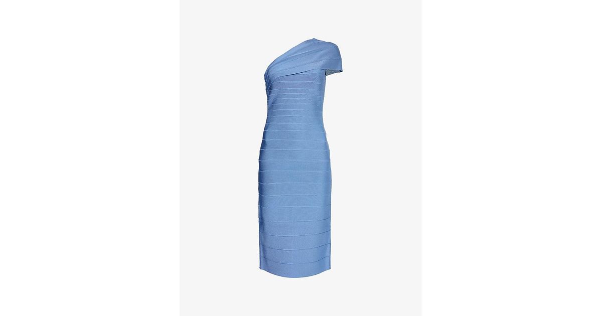 Hervé Léger Icon Bandage Asymmetric-Neckline Stretch-Knitted Midi Dress ...