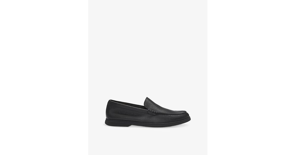 BOSS Almond-Toe Grained-Leather Moccasin Loafers in Black for Men | Lyst