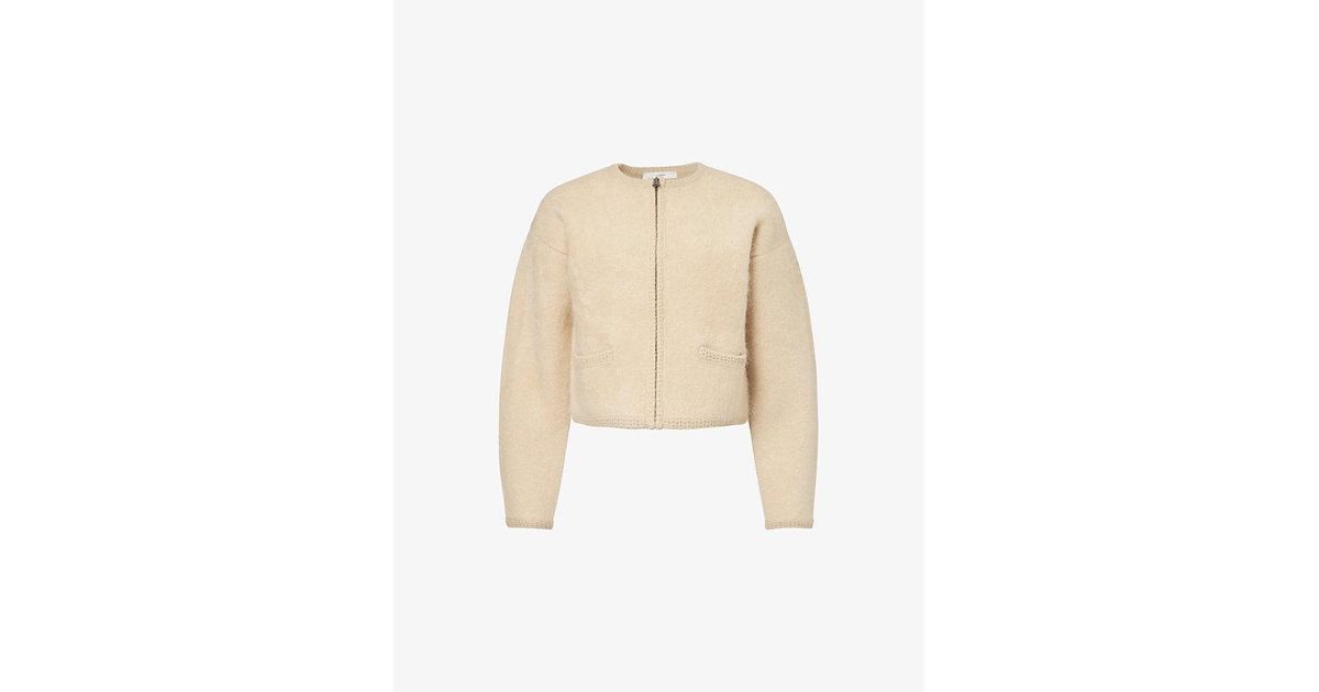 FRAME Lofty Crochet-Trim Wool-Blend Cardigan in Natural | Lyst
